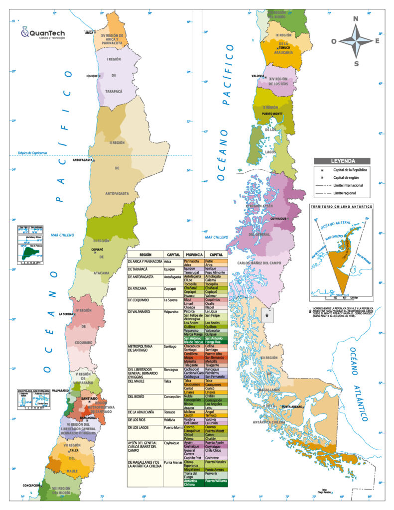 MAPA DE CHILE POLITICO Y ADMINISTRATIVO CON DIVISION REGIONAL 70X100CM – Quantech
